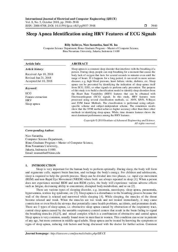 (PDF) Sleep Apnea Identification using HRV Features of ECG Signals