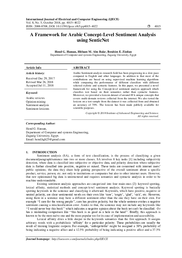 Pdf A Framework For Arabic Concept Level Sentiment Analysis Using Senticnet