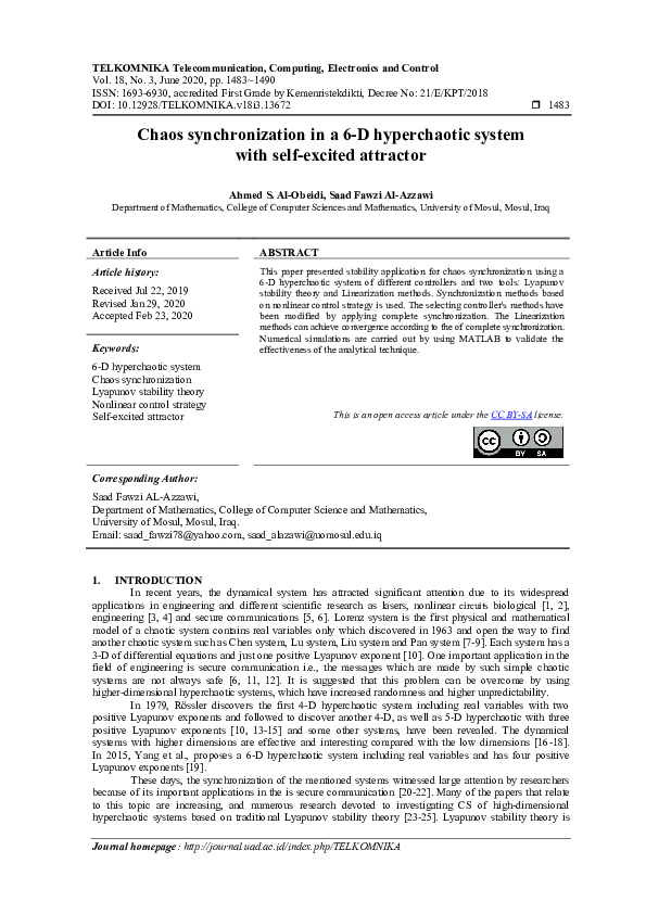(PDF) Chaos synchronization in a 6-D hyperchaotic system with self-excited attractor