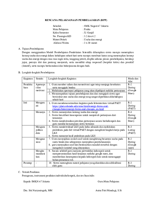 (DOC) RPP Fisika Usaha dan Energi
