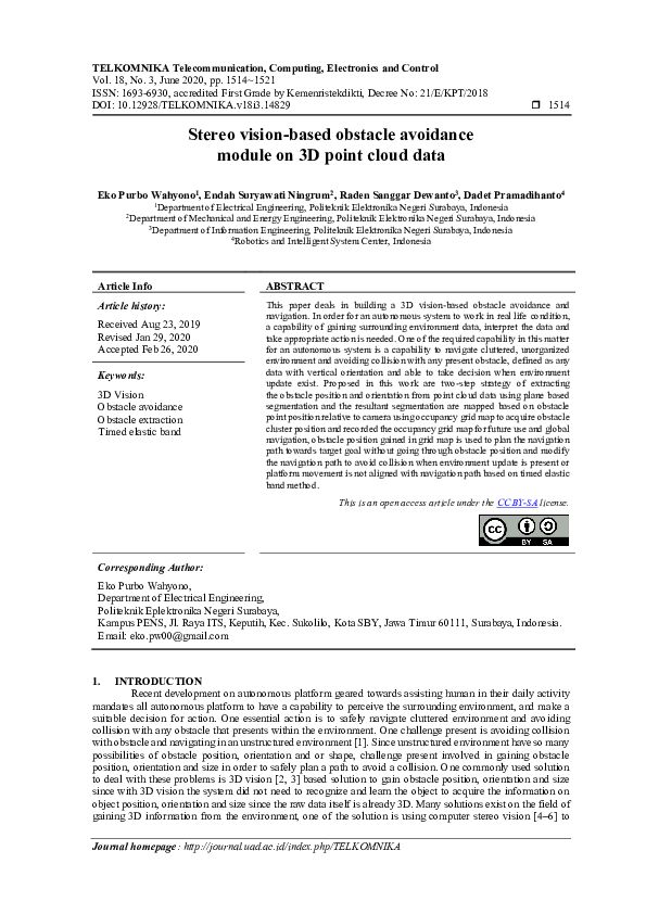(PDF) Stereo vision-based obstacle avoidance module on 3D point cloud data (PDF) Stereo vision-based obstacle avoidance module on 3D point cloud data