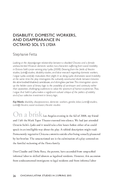 (PDF) “Disability, Domestic Workers and Disappearance in Octavio Solís ...