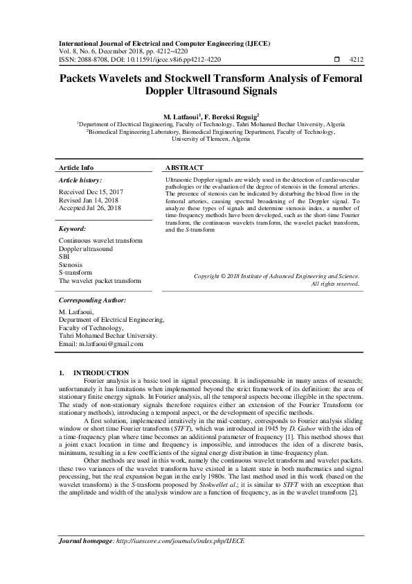 (PDF) Packets Wavelets and Stockwell Transform Analysis of Femoral Doppler Ultrasound Signals