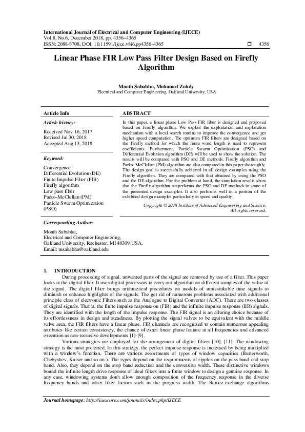 Pdf Linear Phase Fir Low Pass Filter Design Based On Firefly Algorithm