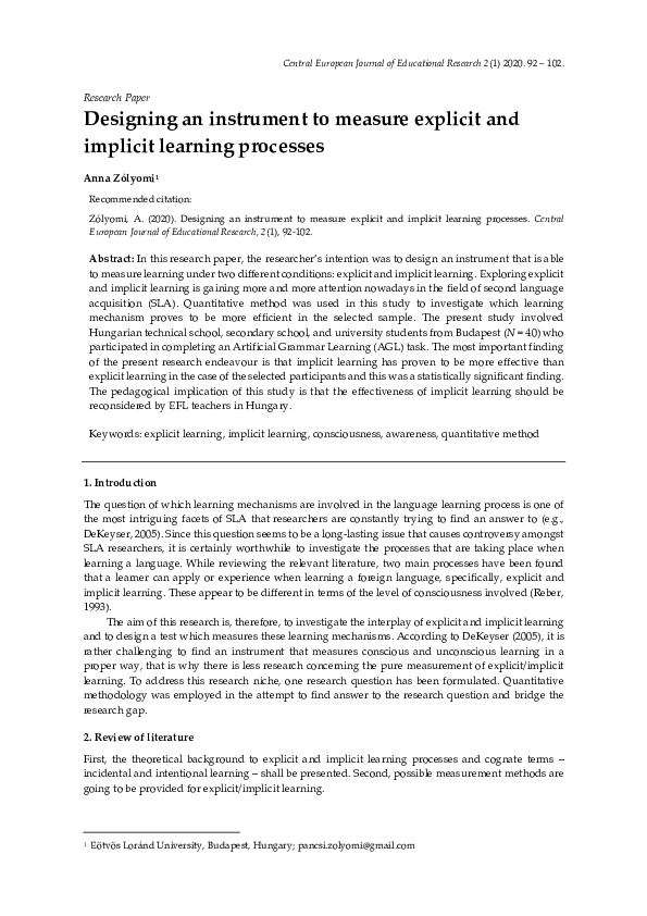 Pdf Designing An Instrument To Measure Explicit And Implicit Learning Processes