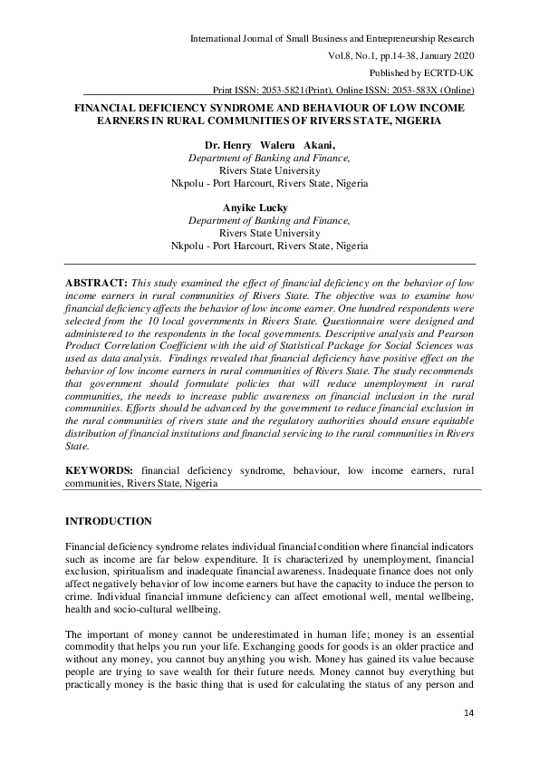 (PDF) FINANCIAL DEFICIENCY SYNDROME AND BEHAVIOUR OF LOW INCOME EARNERS ...