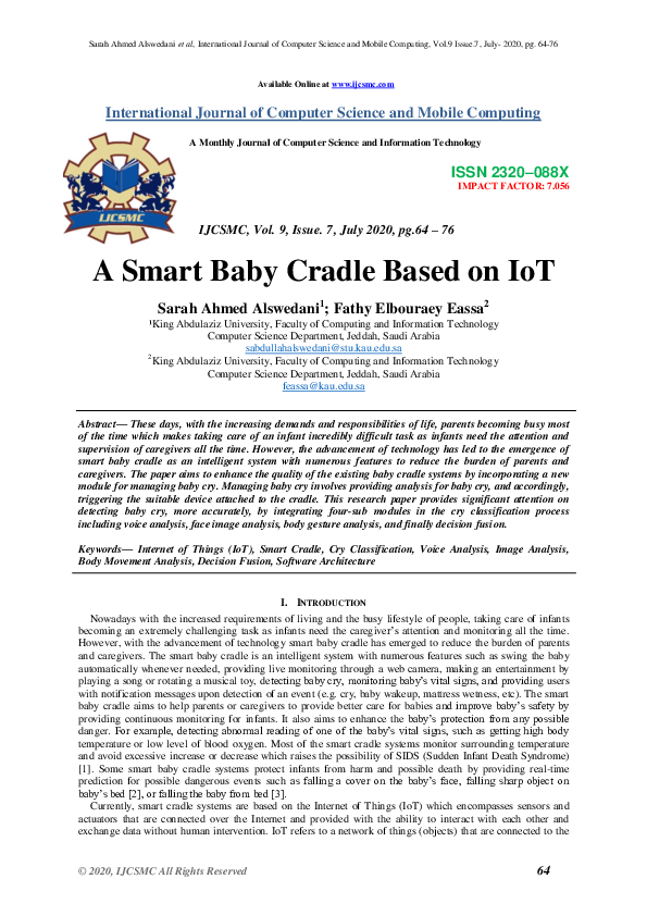 (PDF) A Smart Baby Cradle Based on IoT﻿ | IJCSMC Journal - Academia.edu