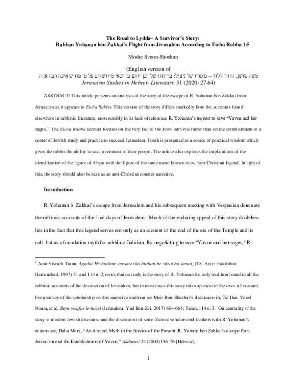 (PDF) The Road to Lydda– A Survivor’s Story: Rabban Yohanan ben Zakkai ...