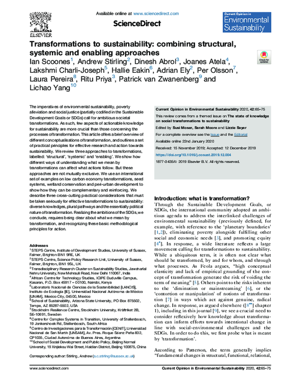 (PDF) Transformations to sustainability: combining structural, systemic and enabling approaches