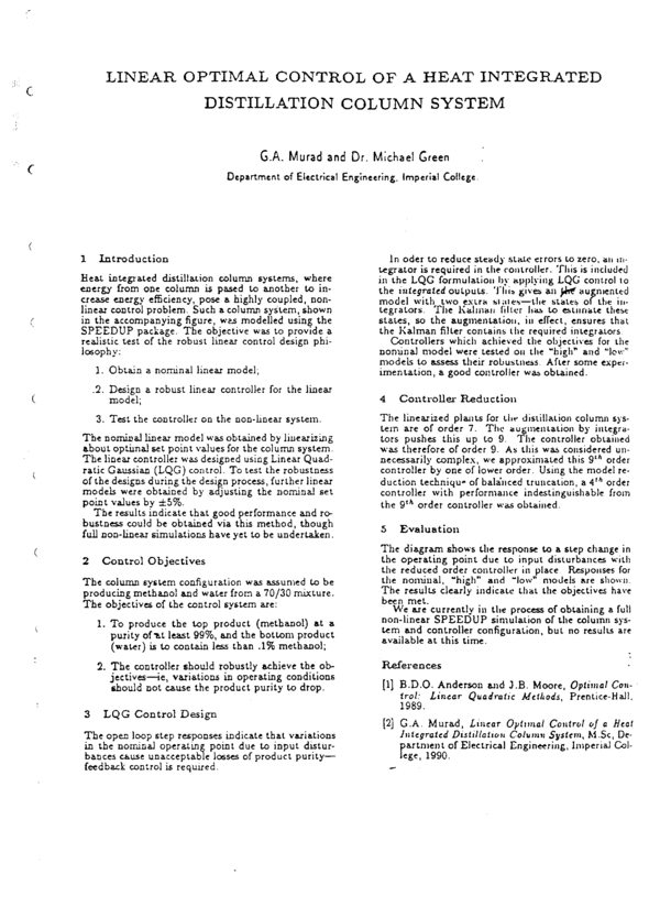(PDF) Linear Optimal Control of a Heat Integrated Distillation Column System