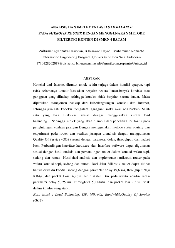 Pdf Analisis Dan Implementasi Load Balance Pada Mikrotik Router Dengan Menggunakan Metode