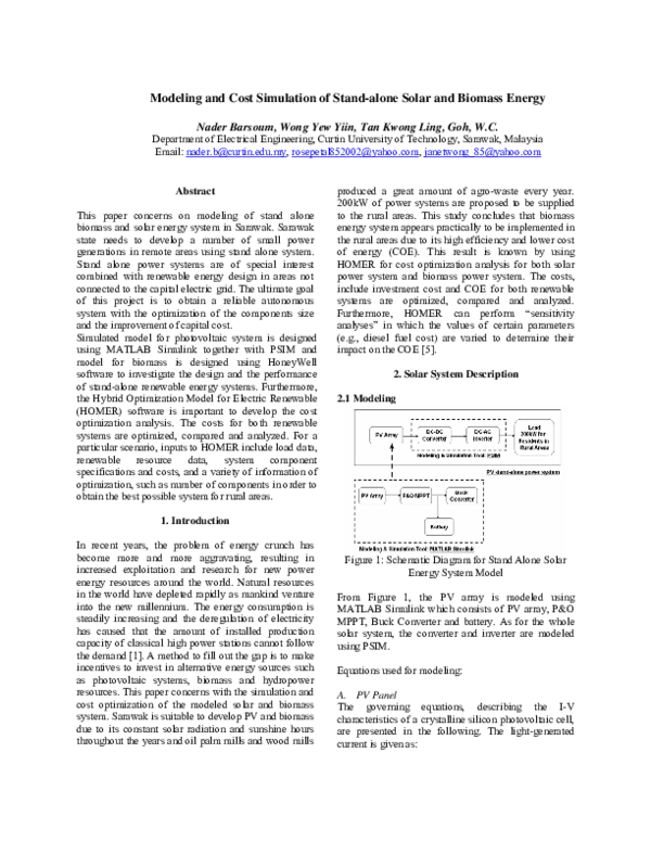 (PDF) Modeling and Cost Simulation of Stand-Alone Solar and Biomass Energy