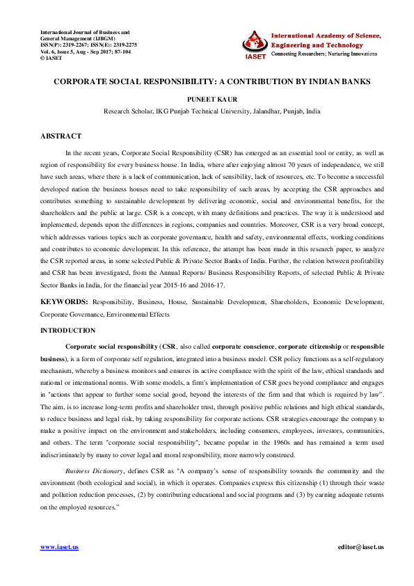 (PDF) CORPORATE SOCIAL RESPONSIBILITY: A CONTRIBUTION BY INDIAN BANKS