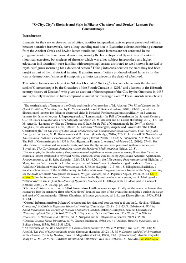 (PDF) "O City, City": Rhetoric and Style in Niketas Choniates' and ...
