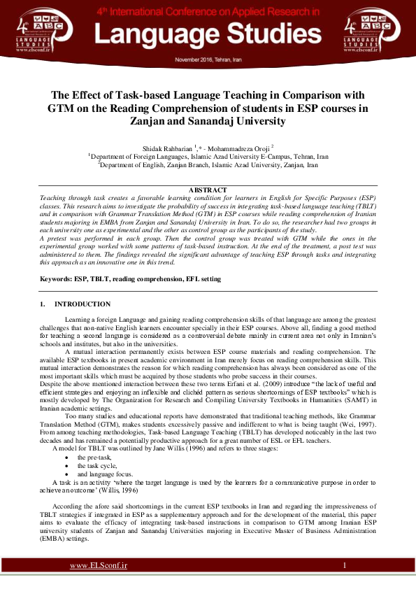 (PDF) The Effect of Task-based Language Teaching in Comparison with GTM on the Reading ...