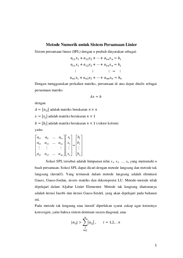 (PDF) Metode Numerik untuk Sistem Persamaan Linier Sistem persamaan linear (SPL) dengan n peubah ...