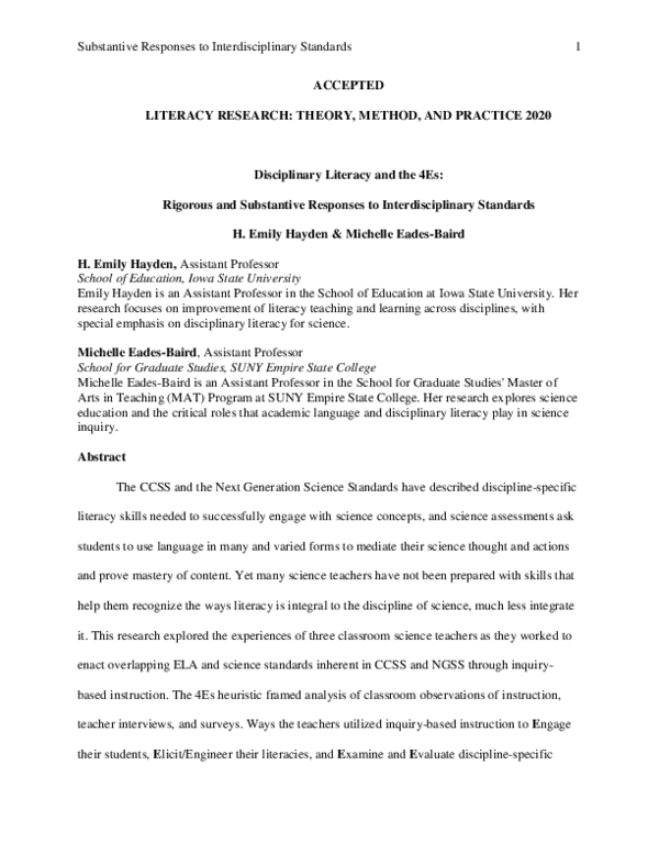(PDF) Disciplinary literacy and the 4Es: Rigorous and Substantive ...