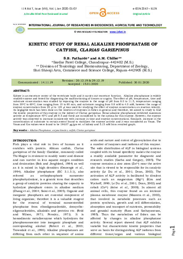 (PDF) KINETIC STUDY OF RENAL ALKALINE PHOSPHATASE OF CATFISH, CLARIAS ...