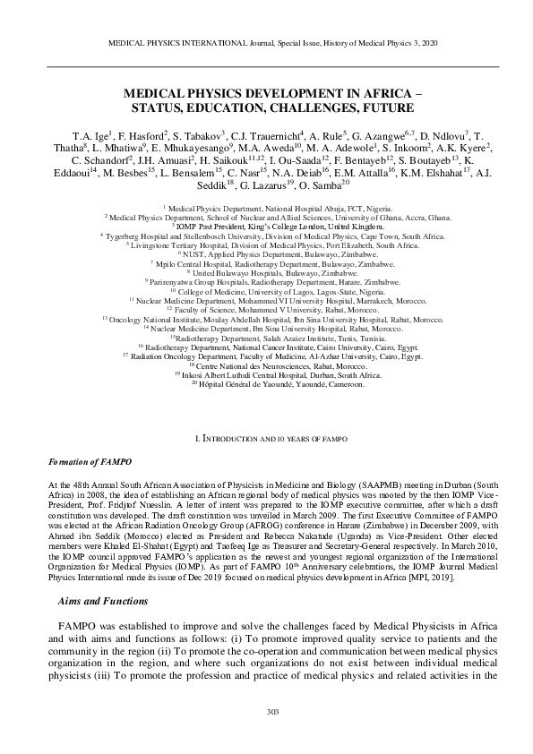 (PDF) MEDICAL PHYSICS DEVELOPMENT IN AFRICA - STATUS, EDUCATION ...