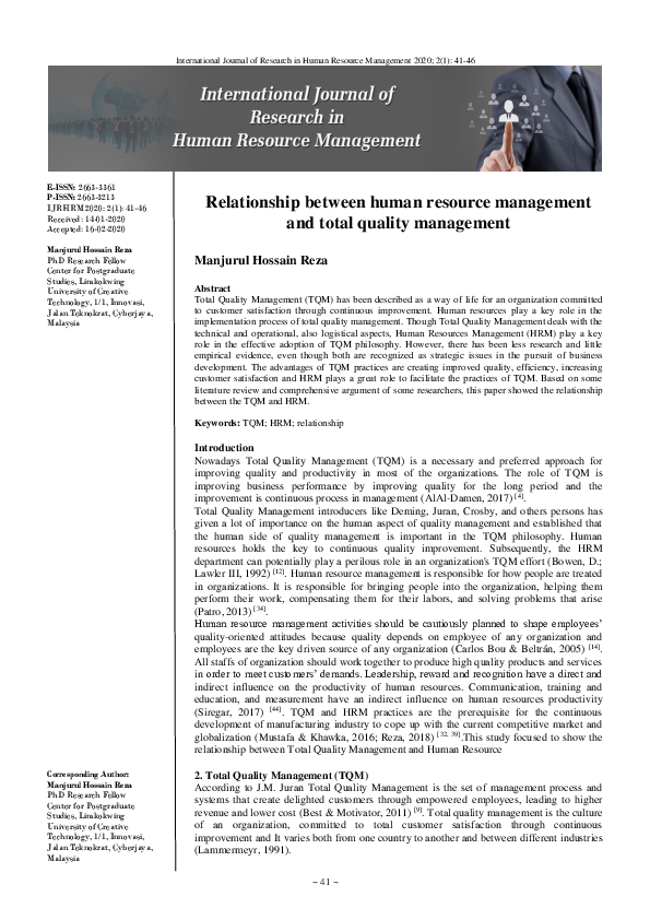 (PDF) Relationship between human resource management and total quality management