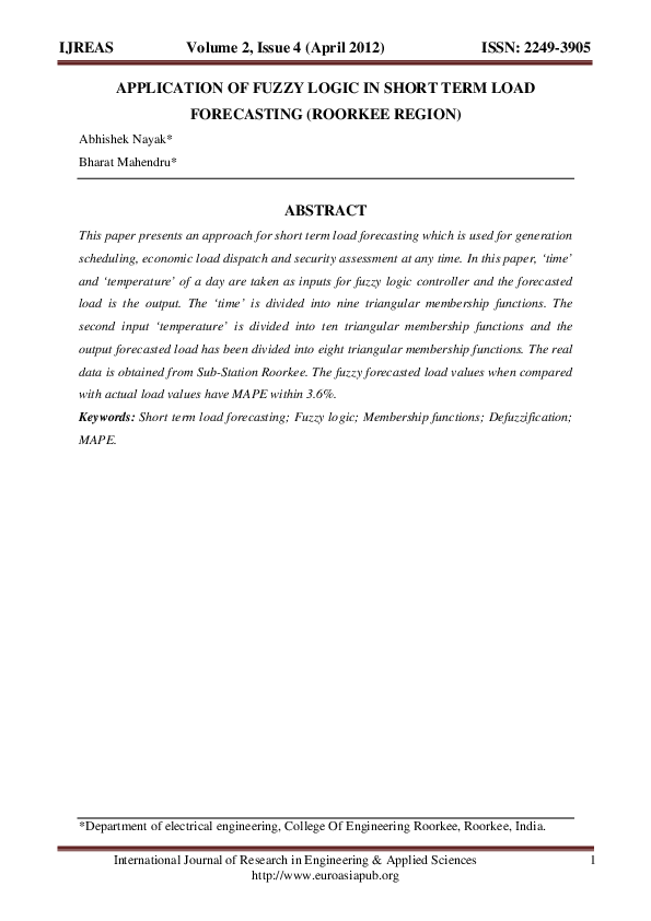Pdf Application Fuzzy Logic In Short Term Load Forecasting Roorkee Region Of