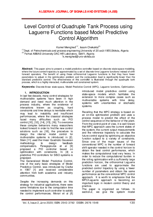 (PDF) Level Control of Quadruple Tank Process using Laguerre Functions based Model Predictive ...