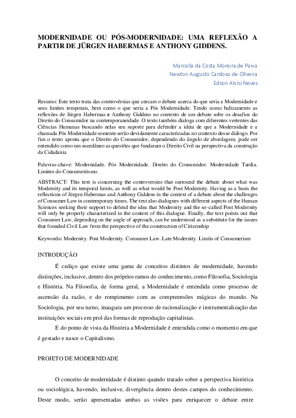 (PDF) MODERNIDADE OU PÓS-MODERNIDADE: UMA REFLEXÃO A PARTIR DE JÜRGEN HABERMAS E ANTHONY GIDDENS