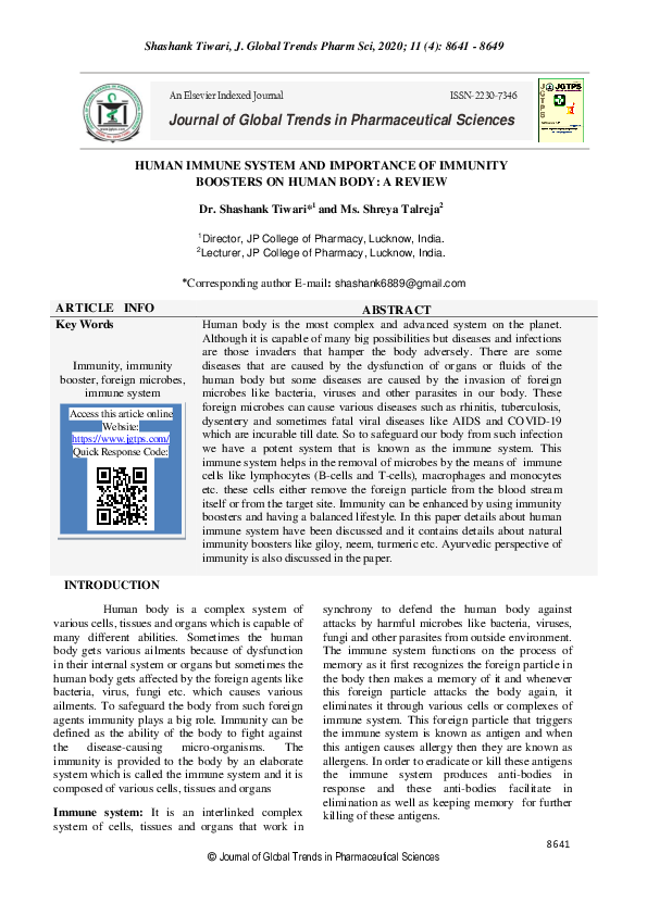 (PDF) HUMAN IMMUNE SYSTEM AND IMPORTANCE OF IMMUNITY BOOSTERS ON HUMAN ...