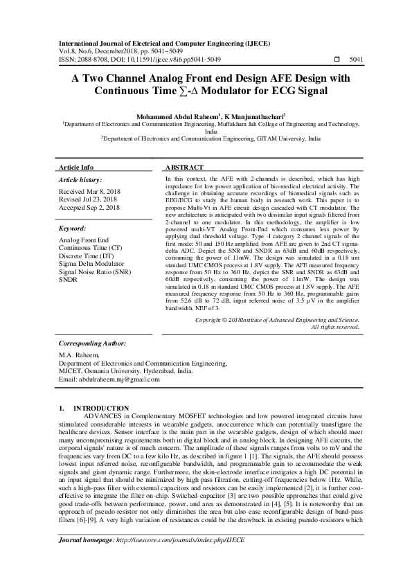 (PDF) A Two Channel Analog Front end Design AFE Design with Continuous Time ∑-∆ Modulator for ...