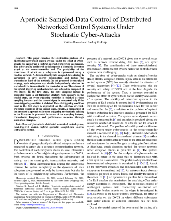 Pdf Aperiodic Sampled Data Control Of Distributed Networked Control Systems Under Stochastic