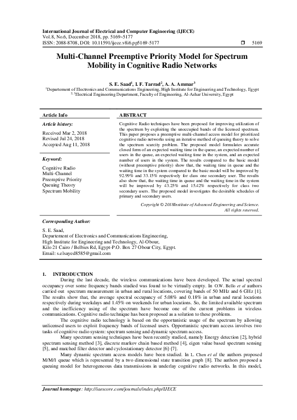(PDF) Multi-Channel Preemptive Priority Model for Spectrum Mobility in Cognitive Radio Networks