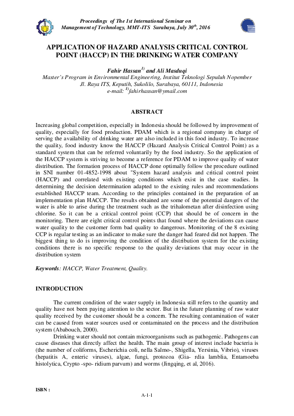 (PDF) Application of Hazard Analysis Critical Control Point (HACCP) in ...