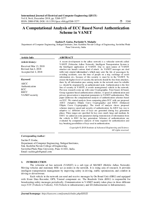 Pdf A Computational Analysis Of Ecc Based Novel Authentication Scheme In Vanet
