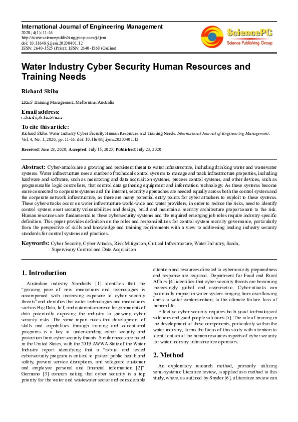 (PDF) Water Industry Cyber Security Human Resources and Training Needs