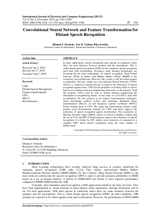 Pdf Convolutional Neural Network And Feature Transformation For Distant Speech Recognition