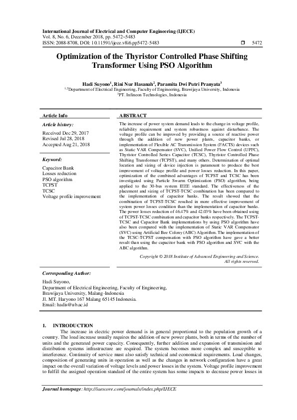 Pdf Optimization Of The Thyristor Controlled Phase Shifting Transformer Using Pso Algorithm