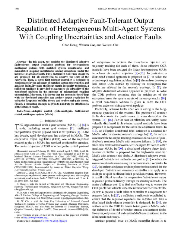 (PDF) Distributed Adaptive Fault-Tolerant Output Regulation of Heterogeneous Multi-Agent Systems ...