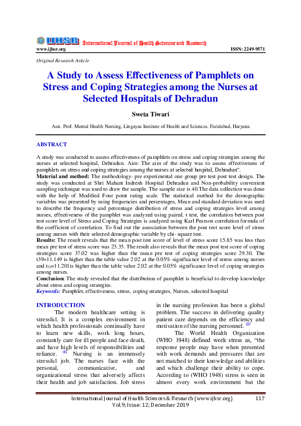 (PDF) A Study to Assess Effectiveness of Pamphlets on Stress and Coping Strategies among the ...