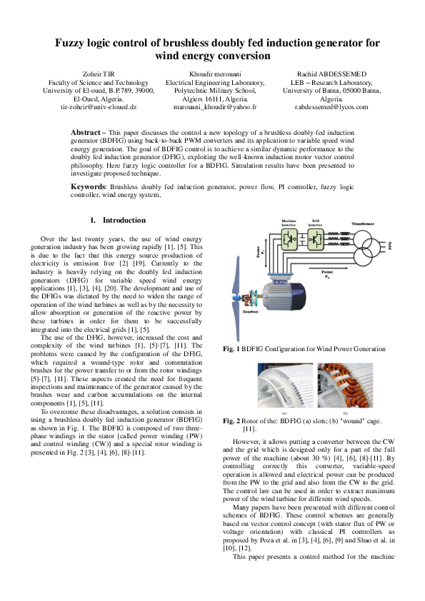 (PDF) Fuzzy logic control of brushless doubly fed induction generator for wind energy conversion