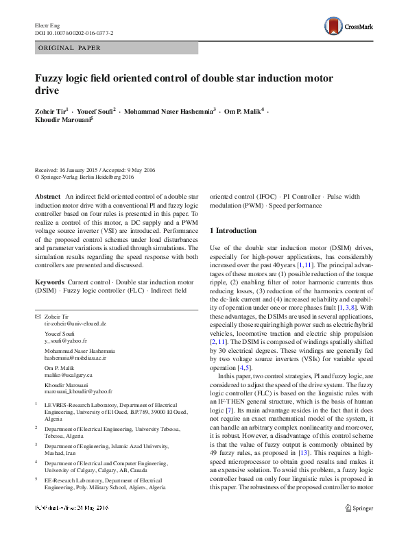(PDF) Fuzzy logic field oriented control of double star induction motor drive
