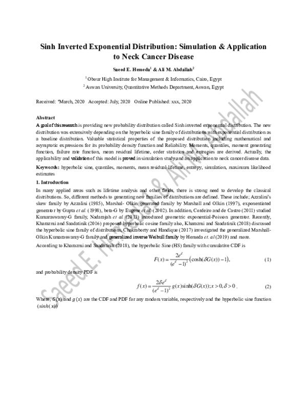(PDF) Sinh Inverted Exponential Distribution: Simulation & Application to Neck Cancer Disease