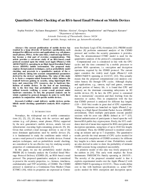 (PDF) Quantitative Model Checking of an RSA-based Email Protocol on Mobile Devices