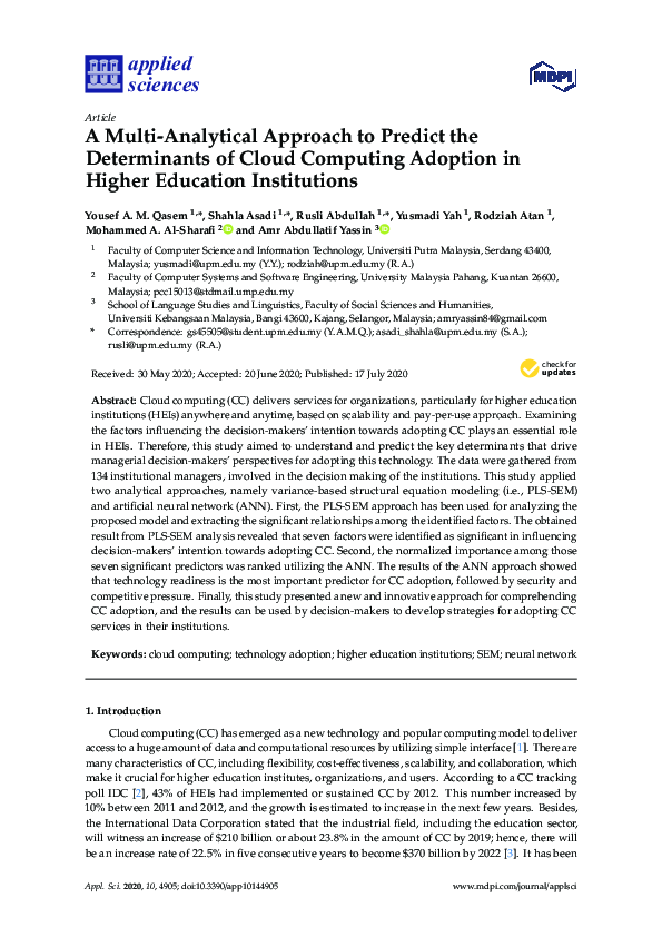 Pdf A Multi Analytical Approach To Predict The Determinants Of Cloud Computing Adoption In