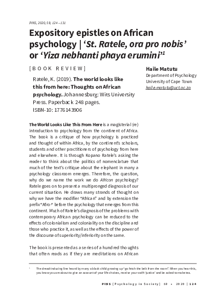 (PDF) Expository epistles on African psychology | ‘St. Ratele, ora pro ...
