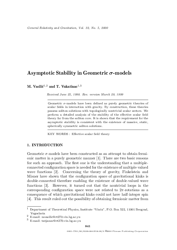 (PDF) Asymptotic Stability in Geometric σ–models | Tatjana Vukasinac - Academia.edu