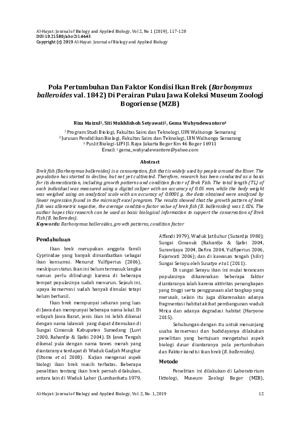 (PDF) Pola Pertumbuhan Dan Faktor Kondisi Ikan Brek (Barbonymus ...