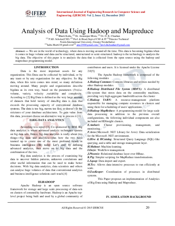(PDF) Analysis of Data Using Hadoop and Mapreduce