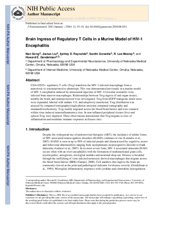 (PDF) Brain ingress of regulatory T cells in a murine model of HIV-1 ...
