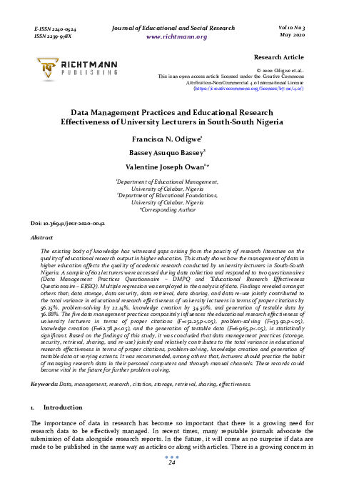 (PDF) Data Management Practices and Educational Research Effectiveness of University Lecturers