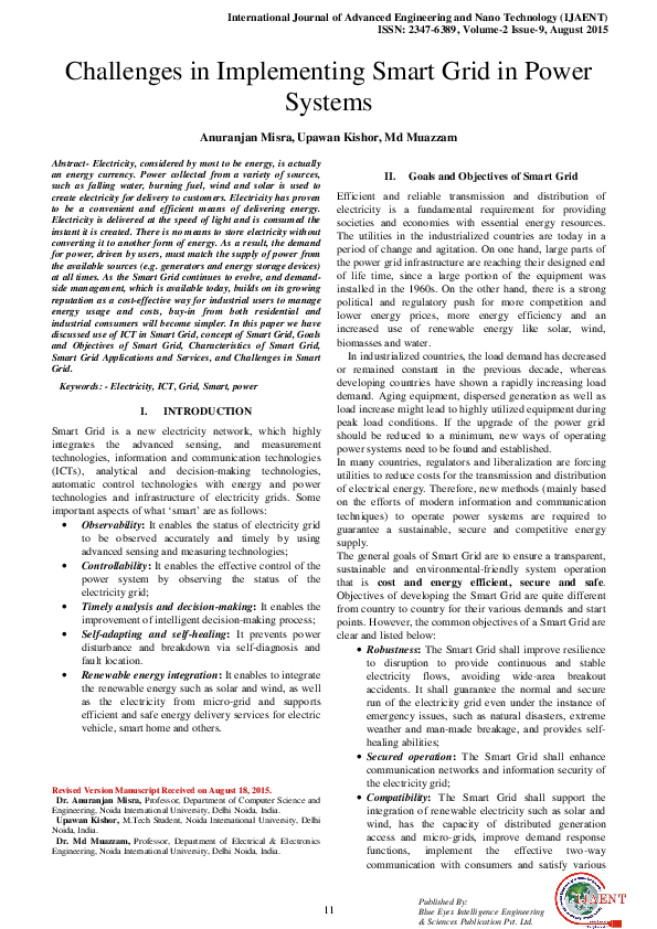 (PDF) Challenges in Implementing Smart Grid in Power Systems